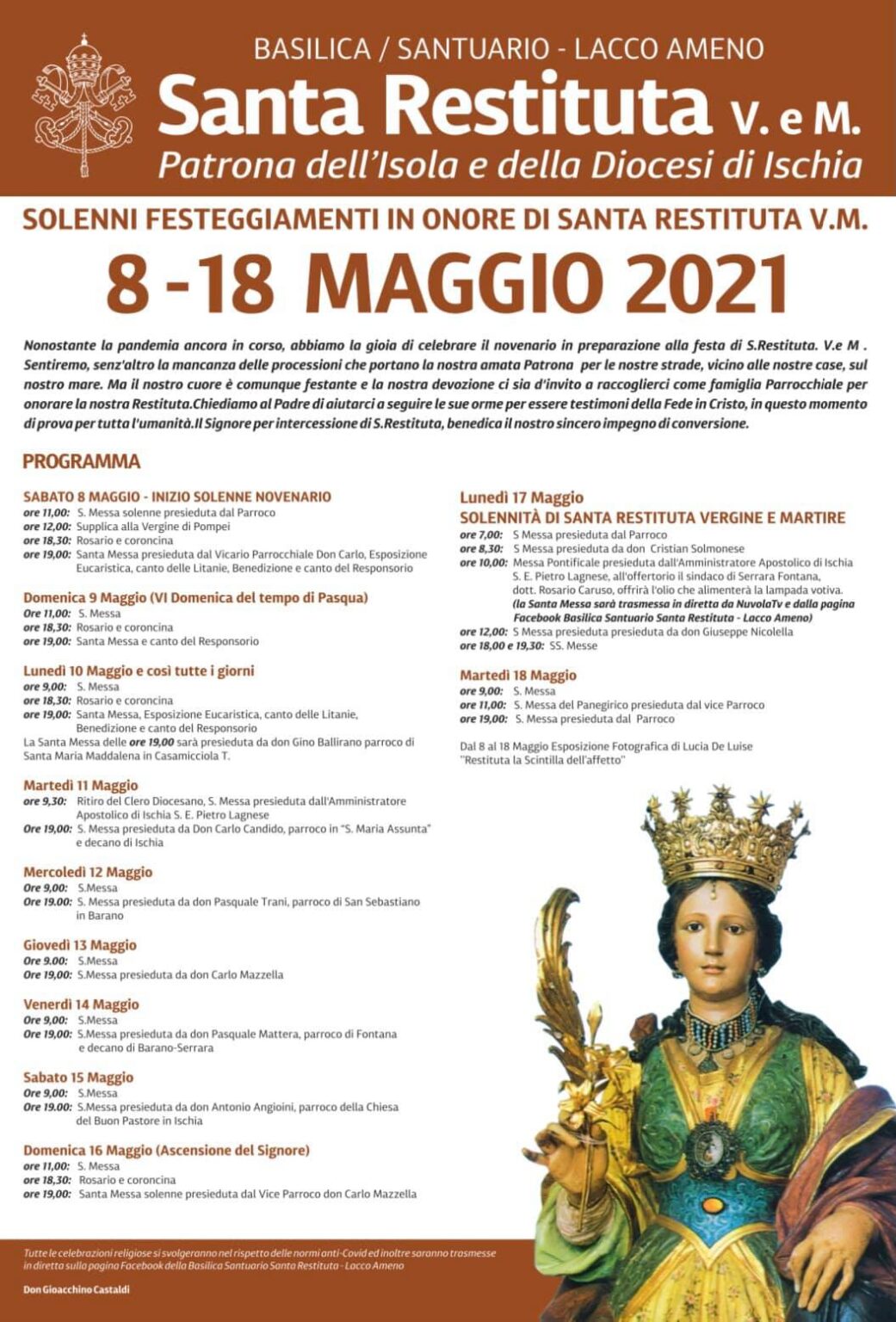 IL PROGRAMMA DEI SOLENNI FESTEGGIAMENTI IN ONORE DI SANTA RESTITUTA